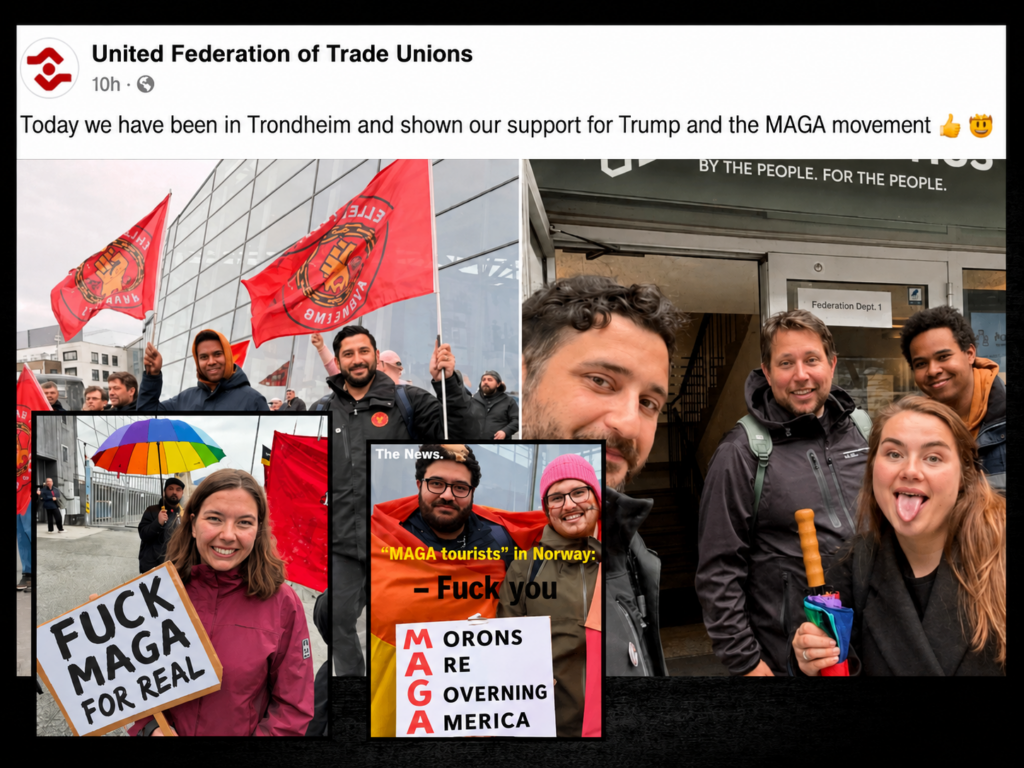 Trade union demo in Trondheim against American tourists: MAGA go home ...